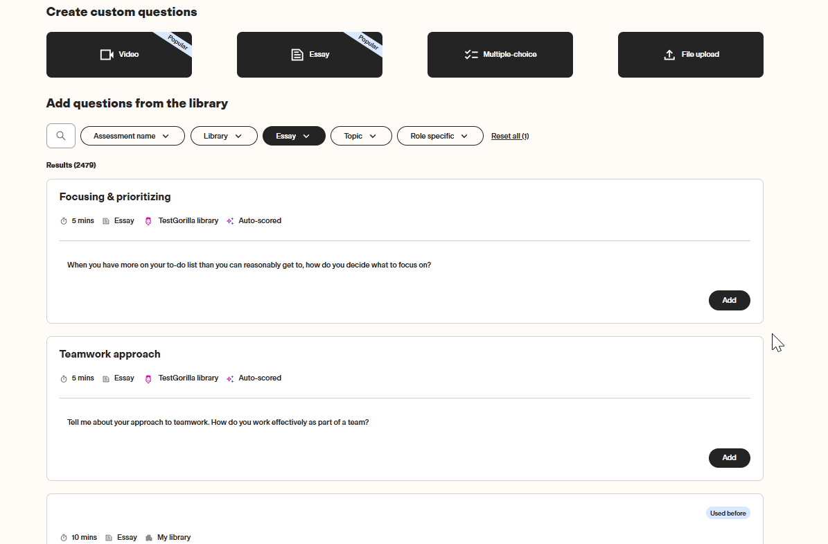 Using custom questions – TestGorilla Help Center